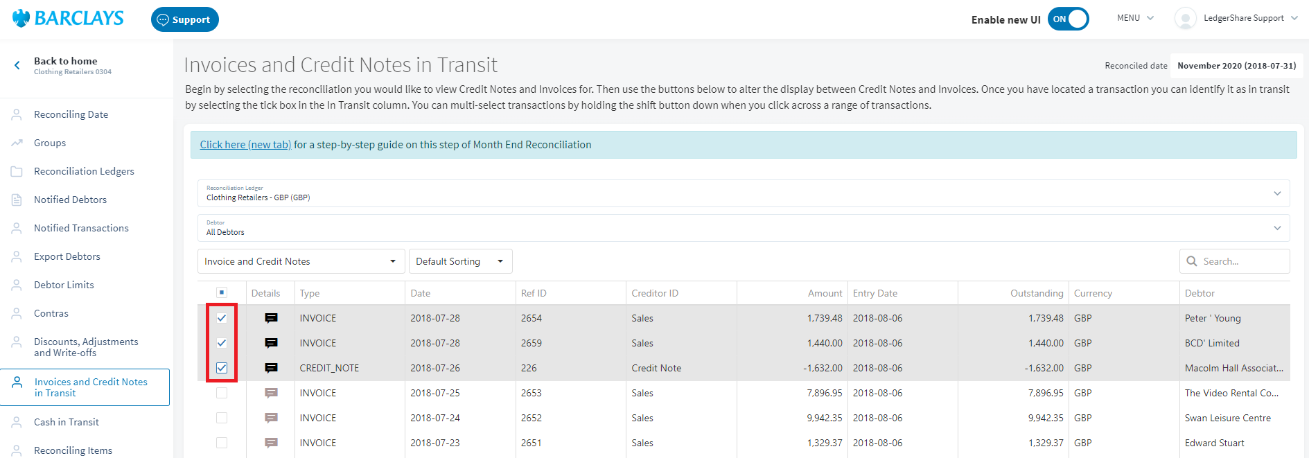 10. Invoices and Credit Notes in Transit – Barclays LedgerShare Support